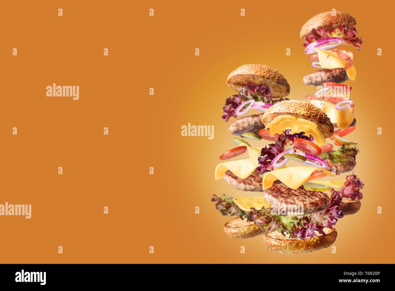 Set of three burgers of different sizes, ordinary, medium and huge ...