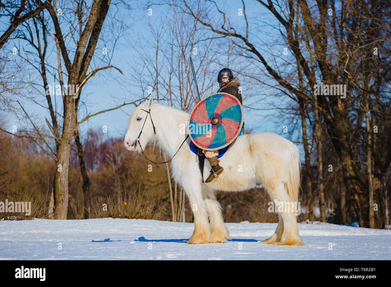 Man in suit of ancient viking riding big white horse Stock Photo - Alamy
