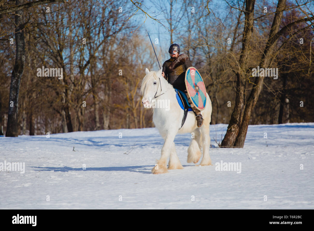 Man in suit of ancient viking riding big white horse Stock Photo - Alamy