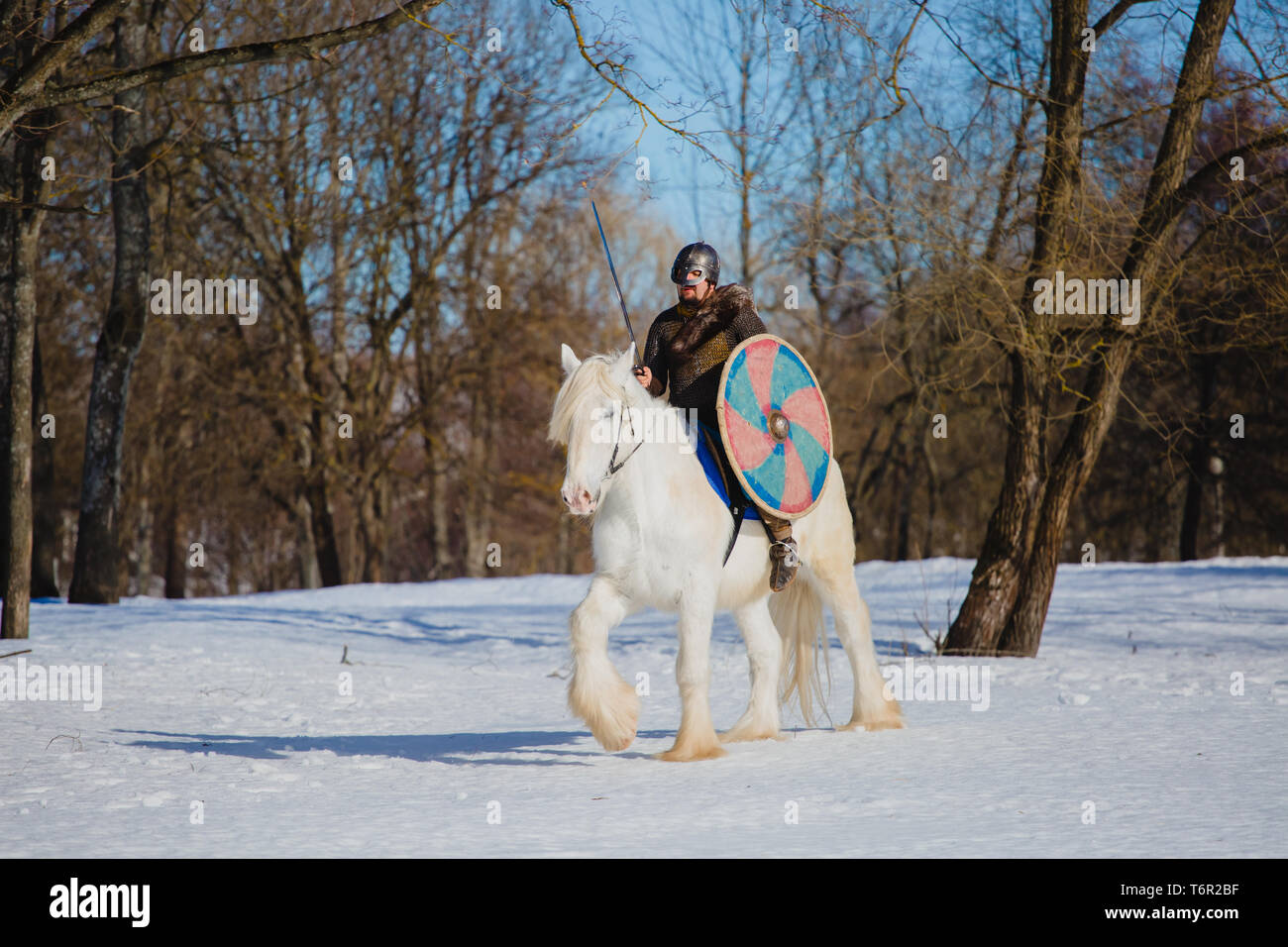 Man in suit of ancient viking riding big white horse Stock Photo - Alamy