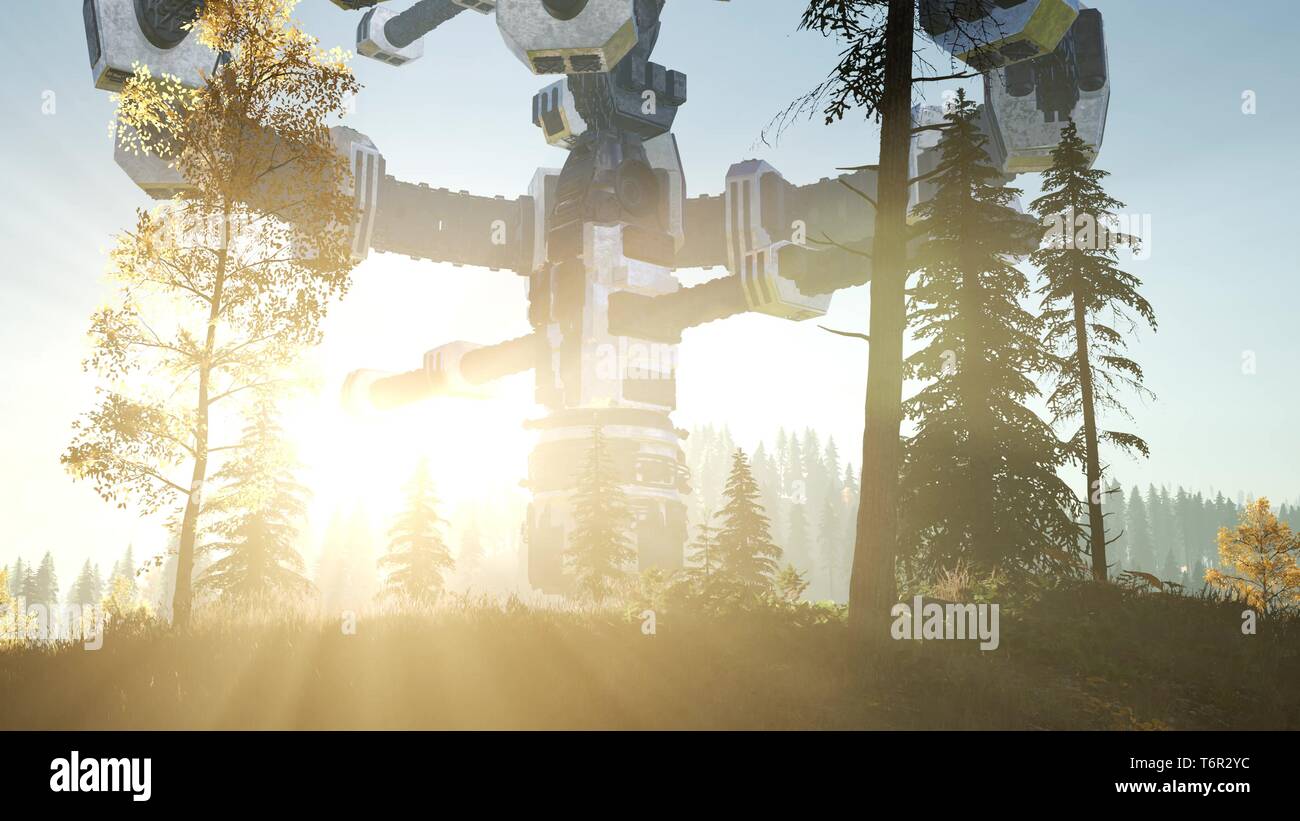 UFO hovering over a forest at sunset with light beam Stock Photo - Alamy
