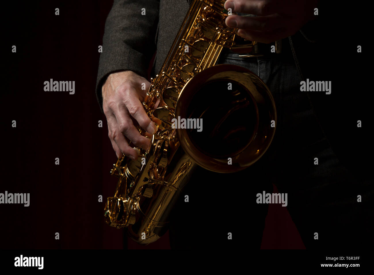 Detailed close-up front view of isolated, caucasian male (torso & hands ...