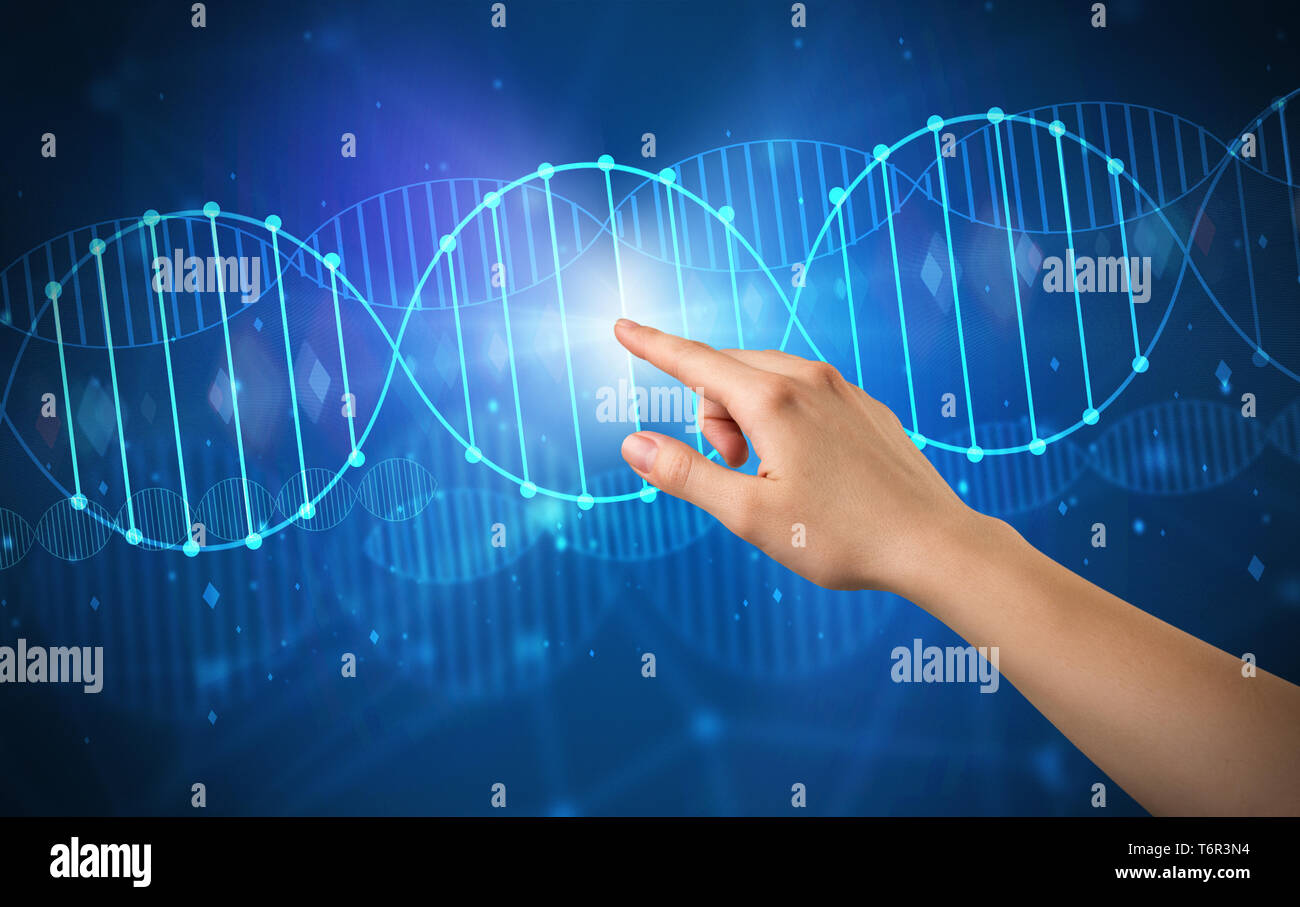 Female hand touching DNA molecule with blue background Stock Photo - Alamy