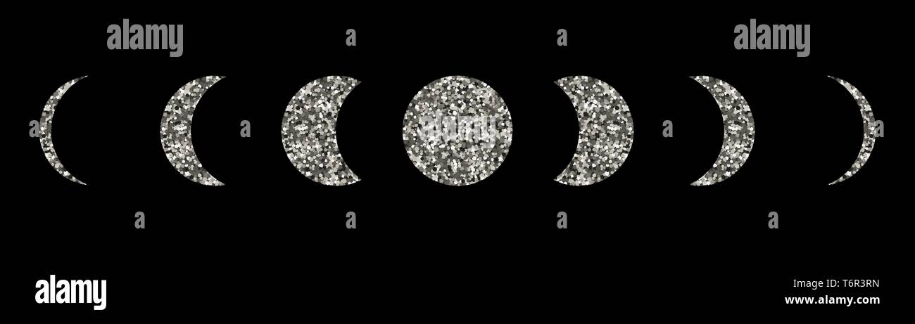 Moon phases icons set. Black background. Silhouette of silver spangle ...