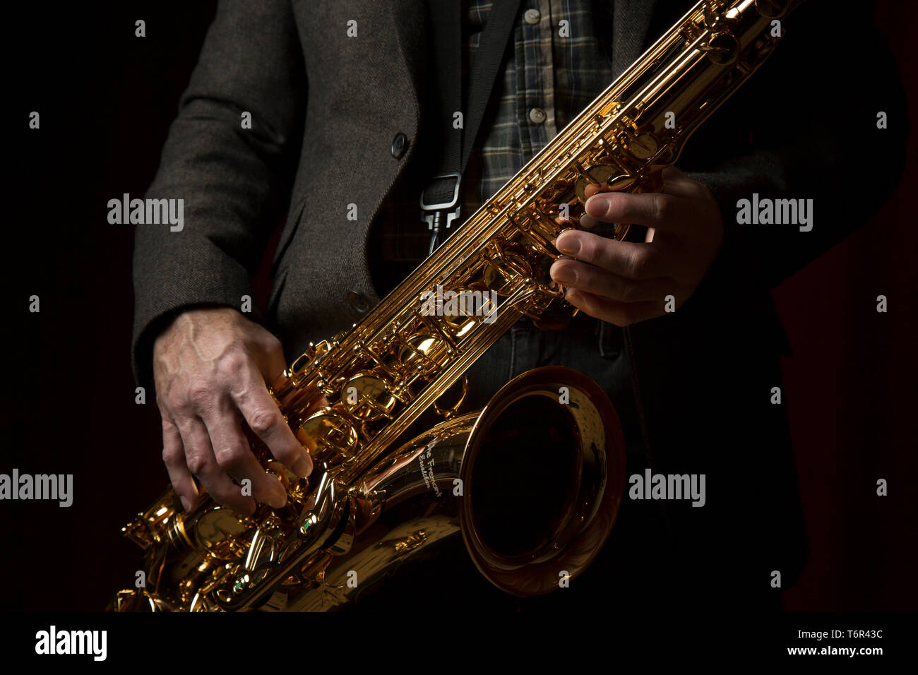 Detailed close-up front view of isolated, caucasian male (torso & hands ...