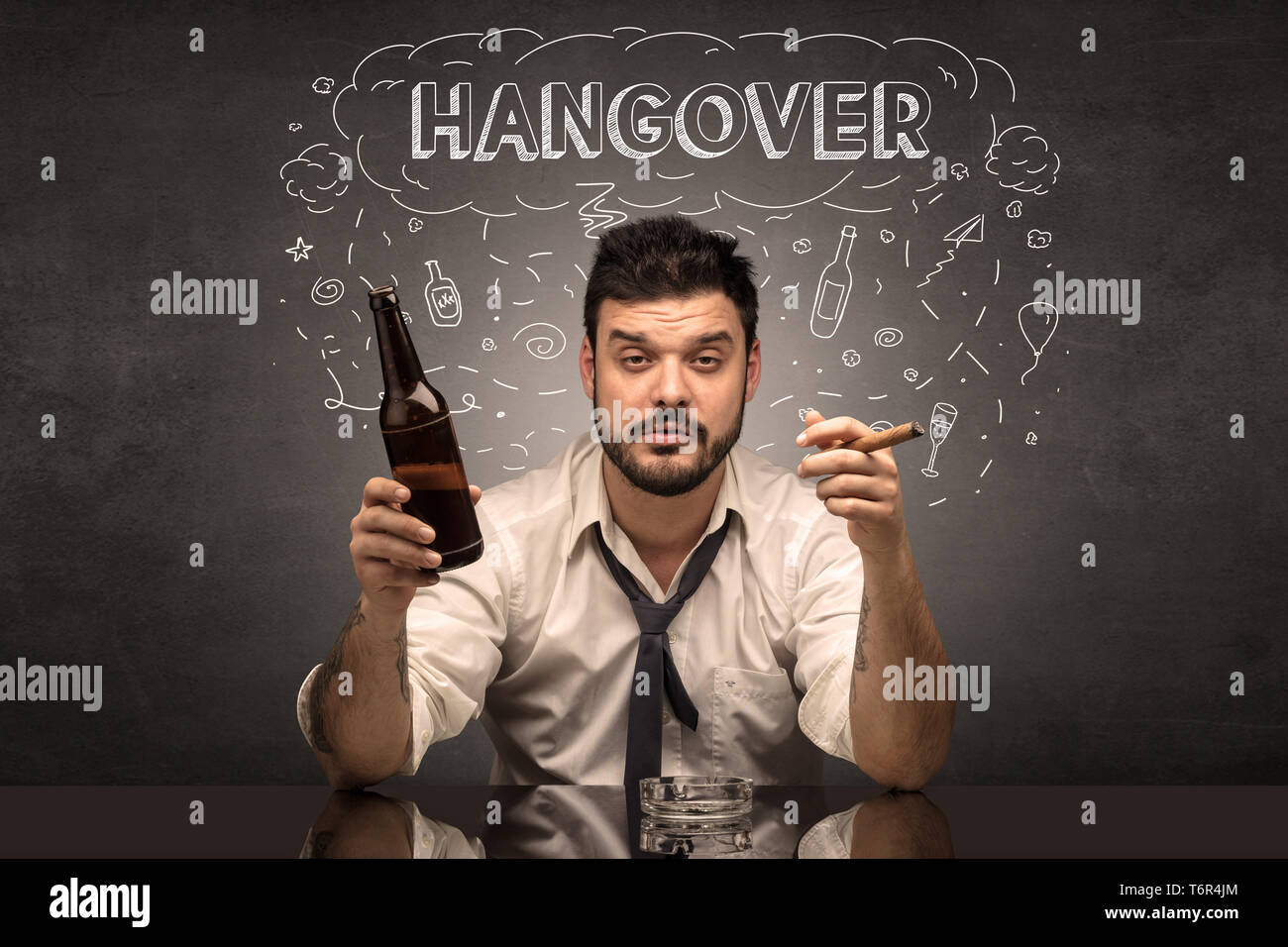 Loser drunk man with drinking, drug, hangover, alcoholic drugs concept ...