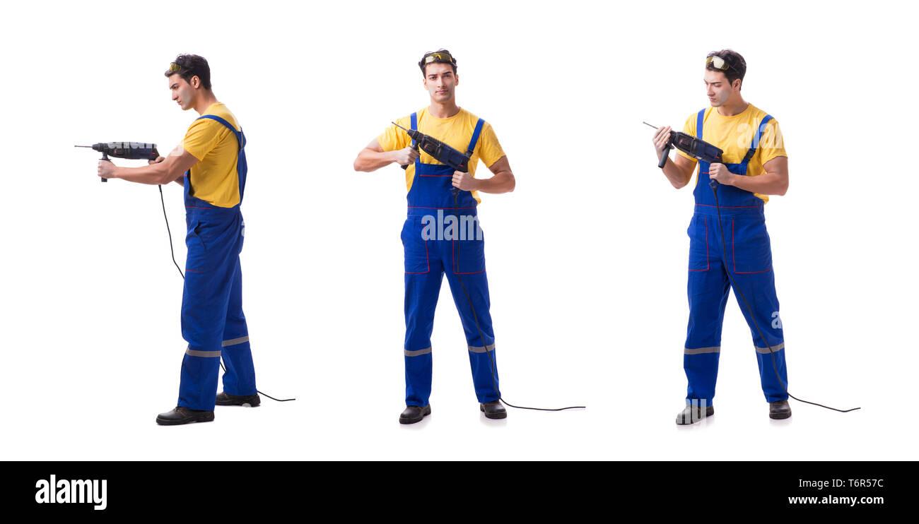 Contractor employee with hand power drill on white background Stock ...
