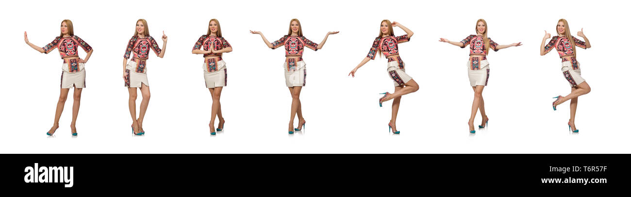 Pretty model in clothes with carpet prints isolated on white Stock ...