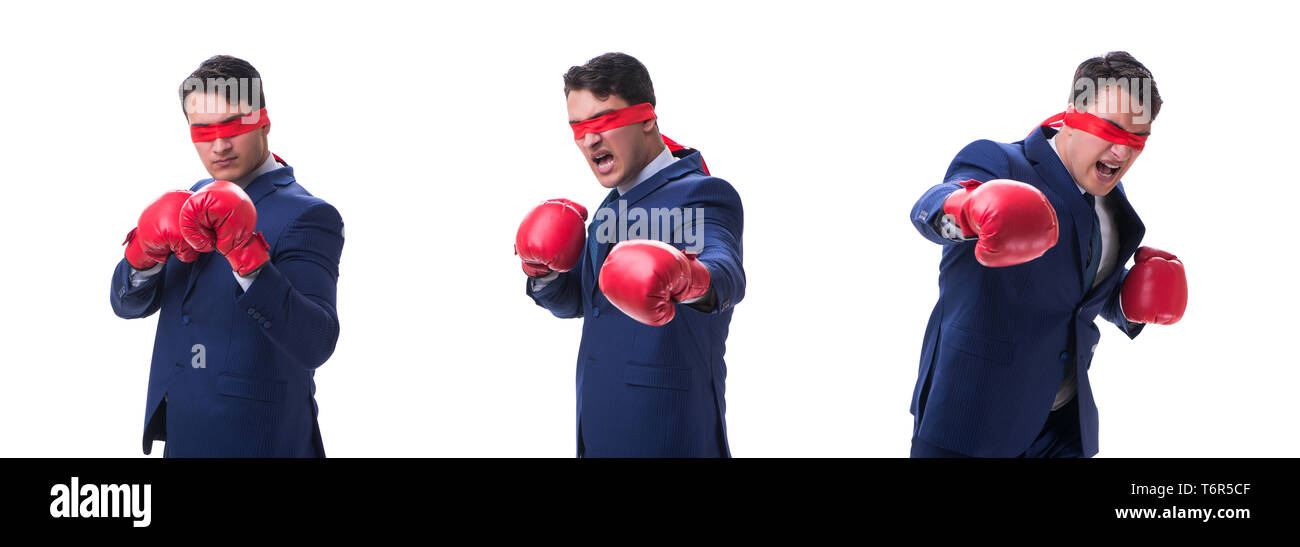 Lawyer with blindfold wearing boxing gloves isolated on white Stock ...