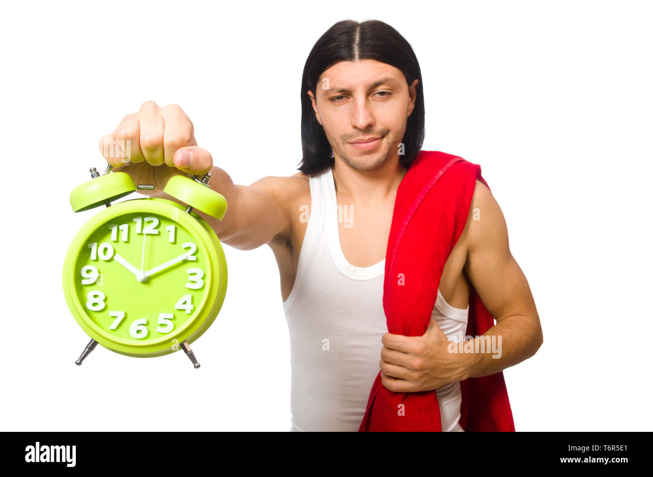 Funny man waking up in the morning on white Stock Photo - Alamy