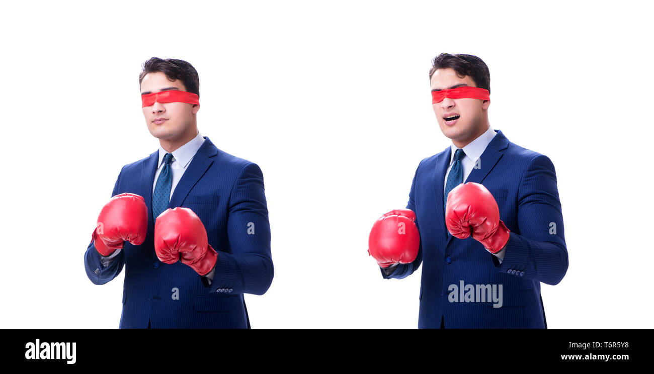 Lawyer with blindfold wearing boxing gloves isolated on white Stock ...