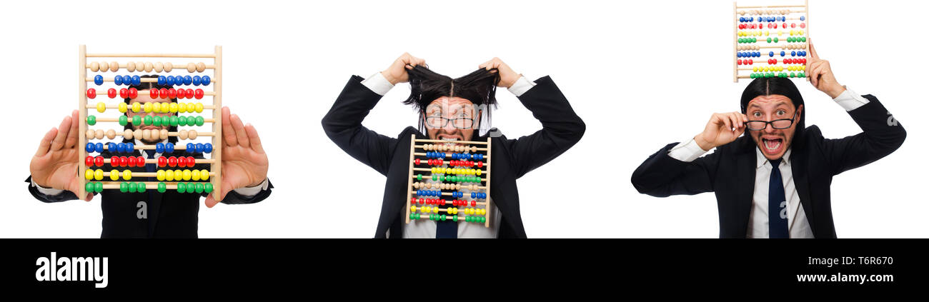 Funny man with calculator and abacus Stock Photo - Alamy