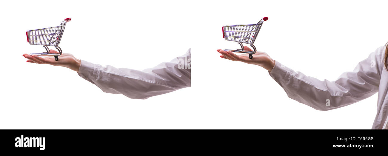 Hand holding shopping cart isolated on white Stock Photo - Alamy