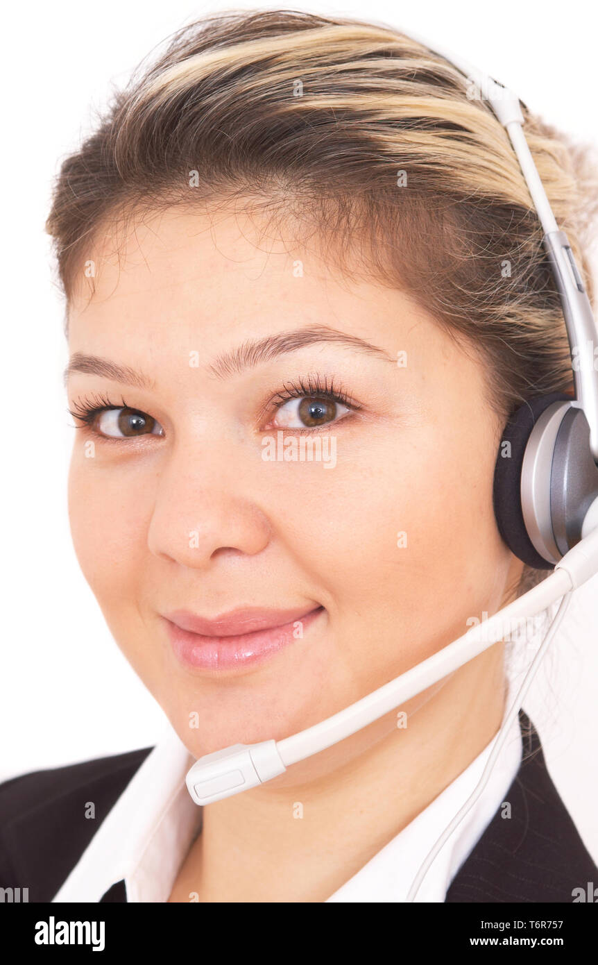 happy call center operator on white background Stock Photo - Alamy