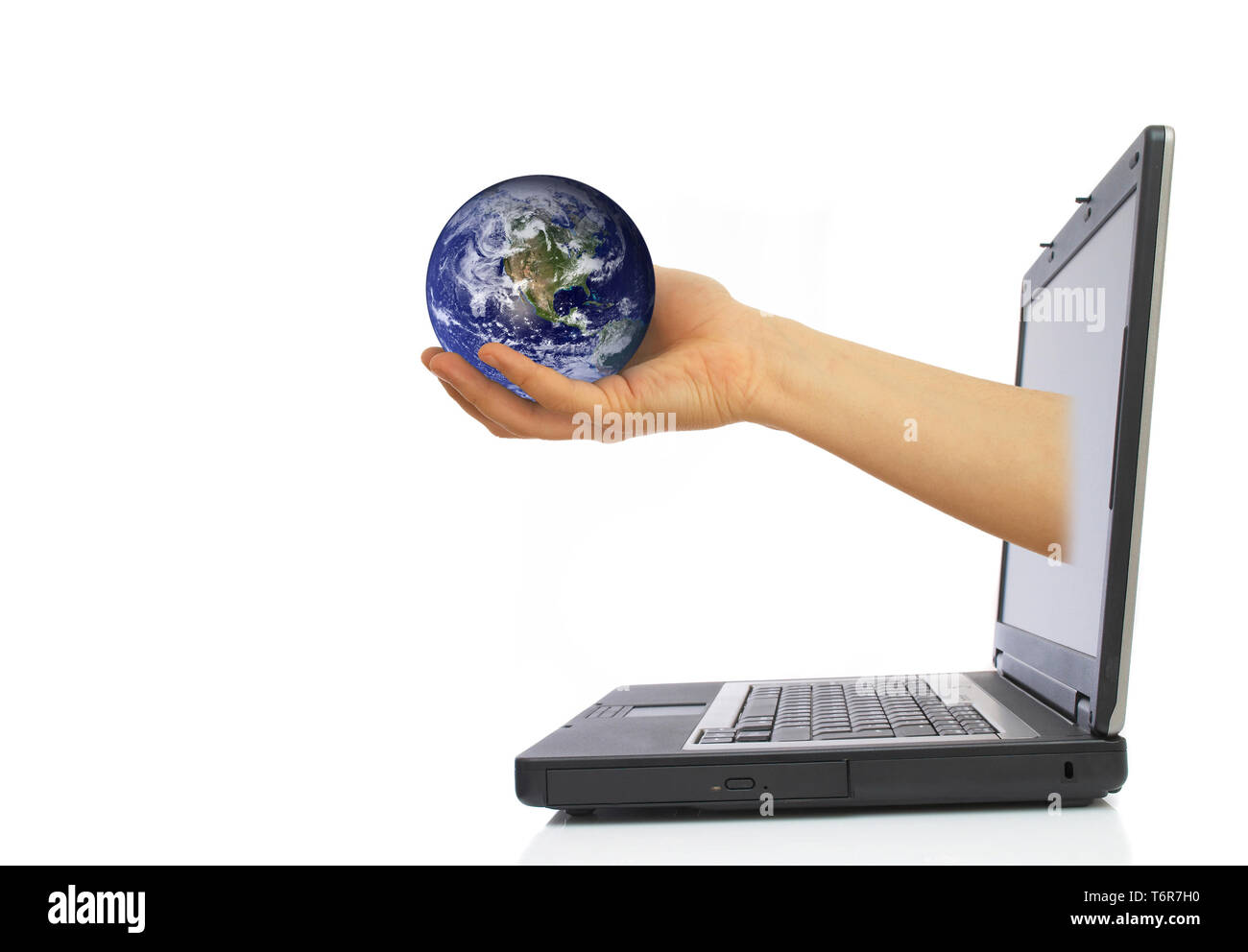 hand with globe coming from laptop screen, space for messages. globe ...