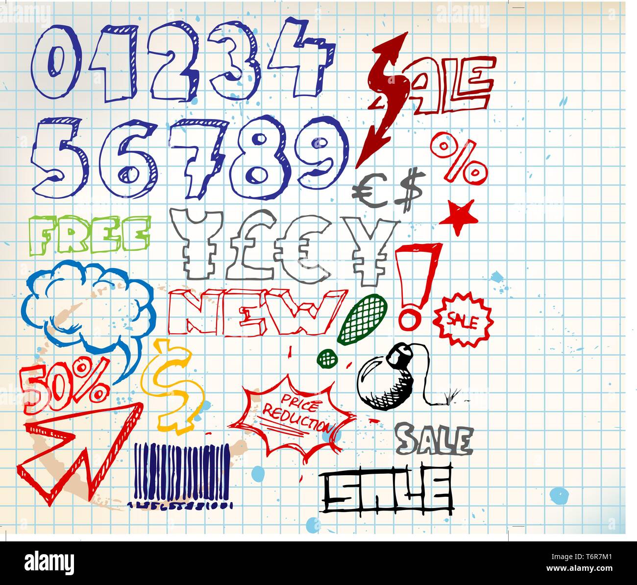 Set of colorful doodle eshop / advert elements on squared paper Stock ...
