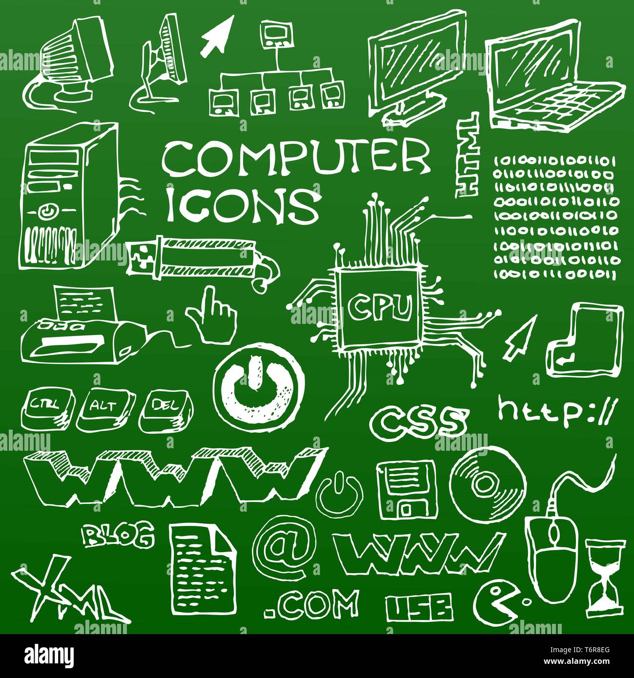 Set of white hand-drawn computer icons on green background Stock Vector ...