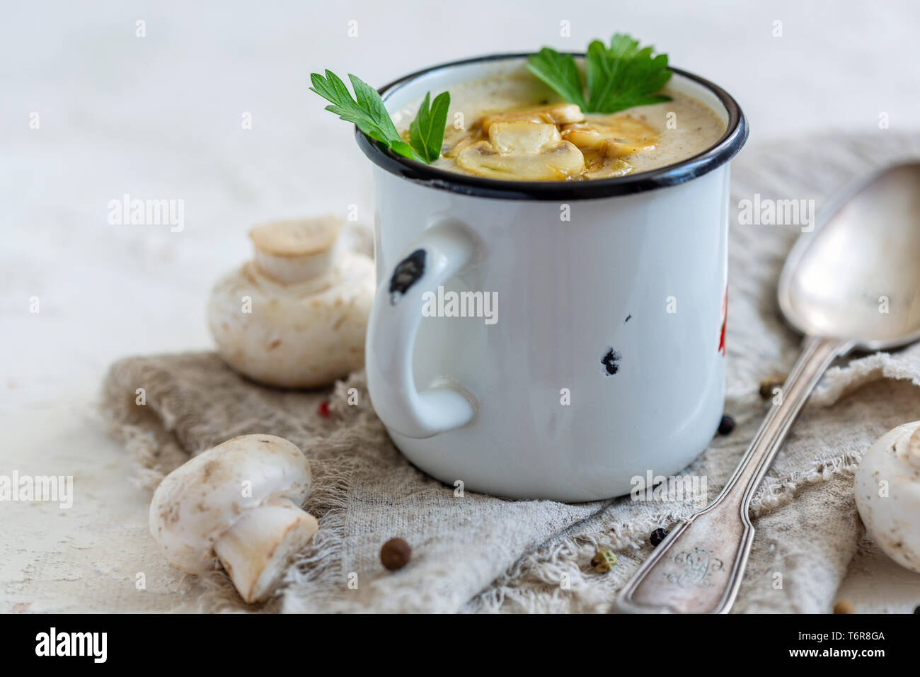 Homemade mushroom soup puree with fried mushrooms Stock Photo - Alamy