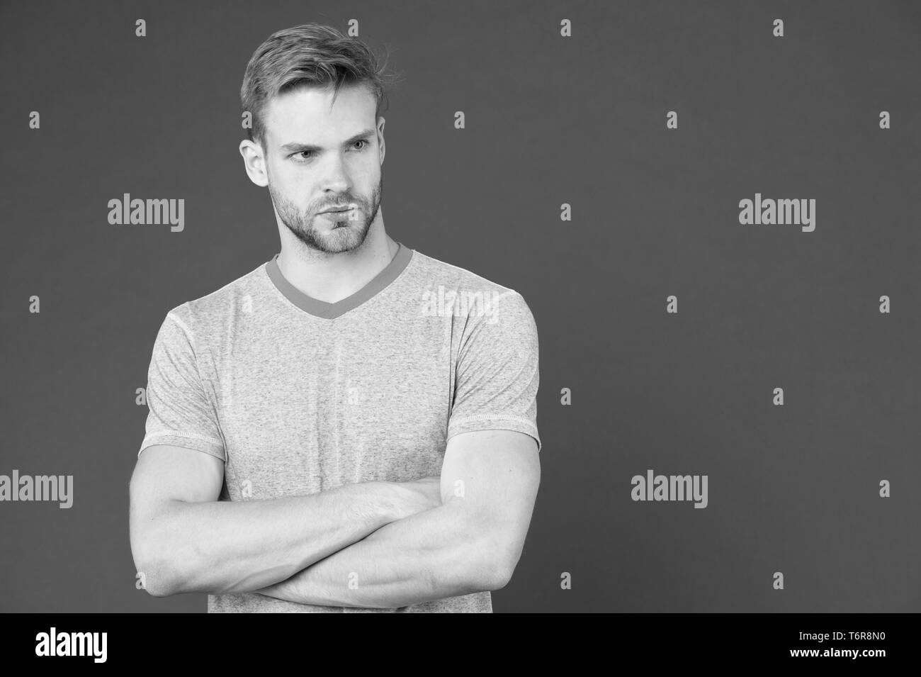 Man strict handsome unshaven guy on violet background. Masculinity ...