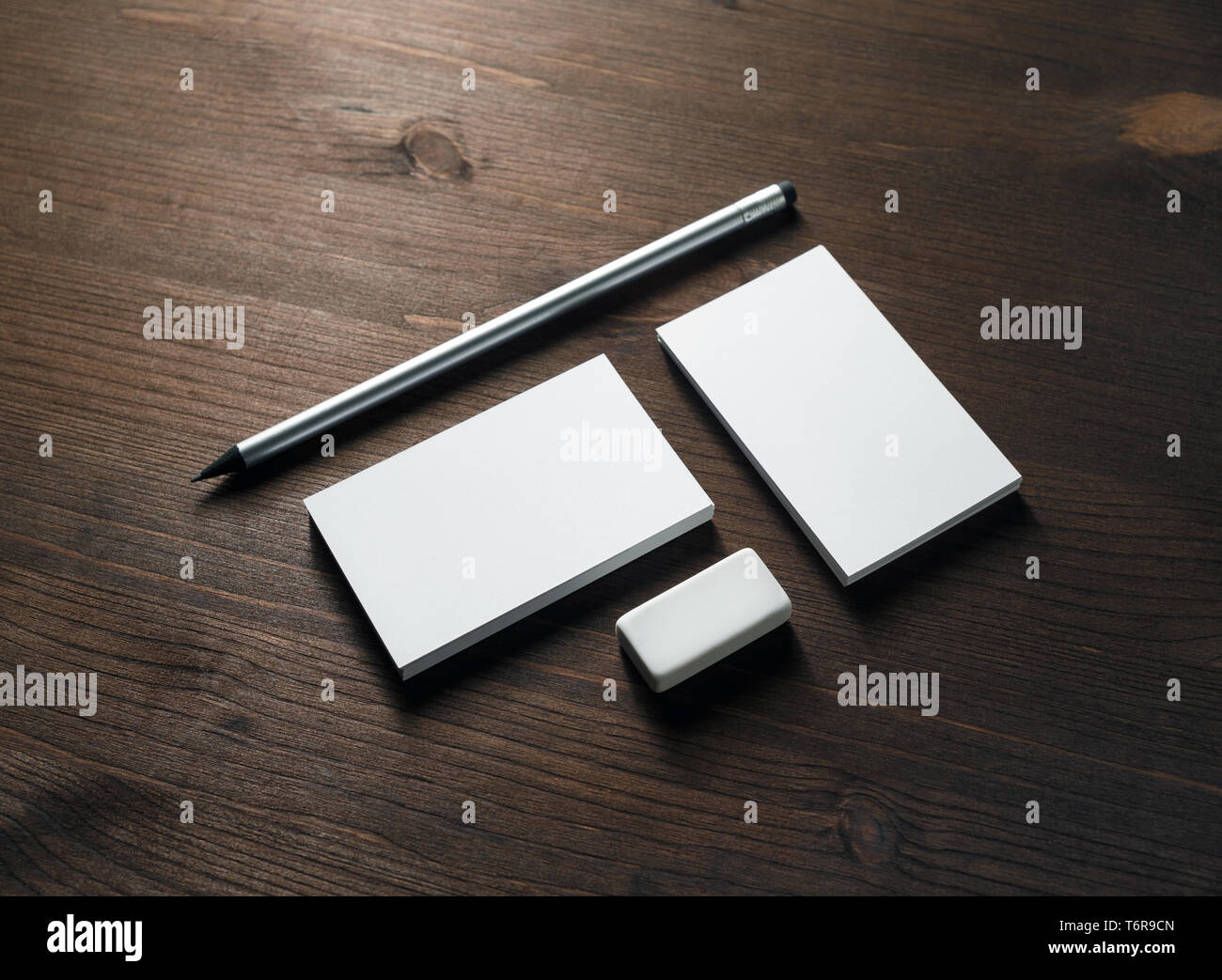 Business cards, pencil, eraser Stock Photo - Alamy