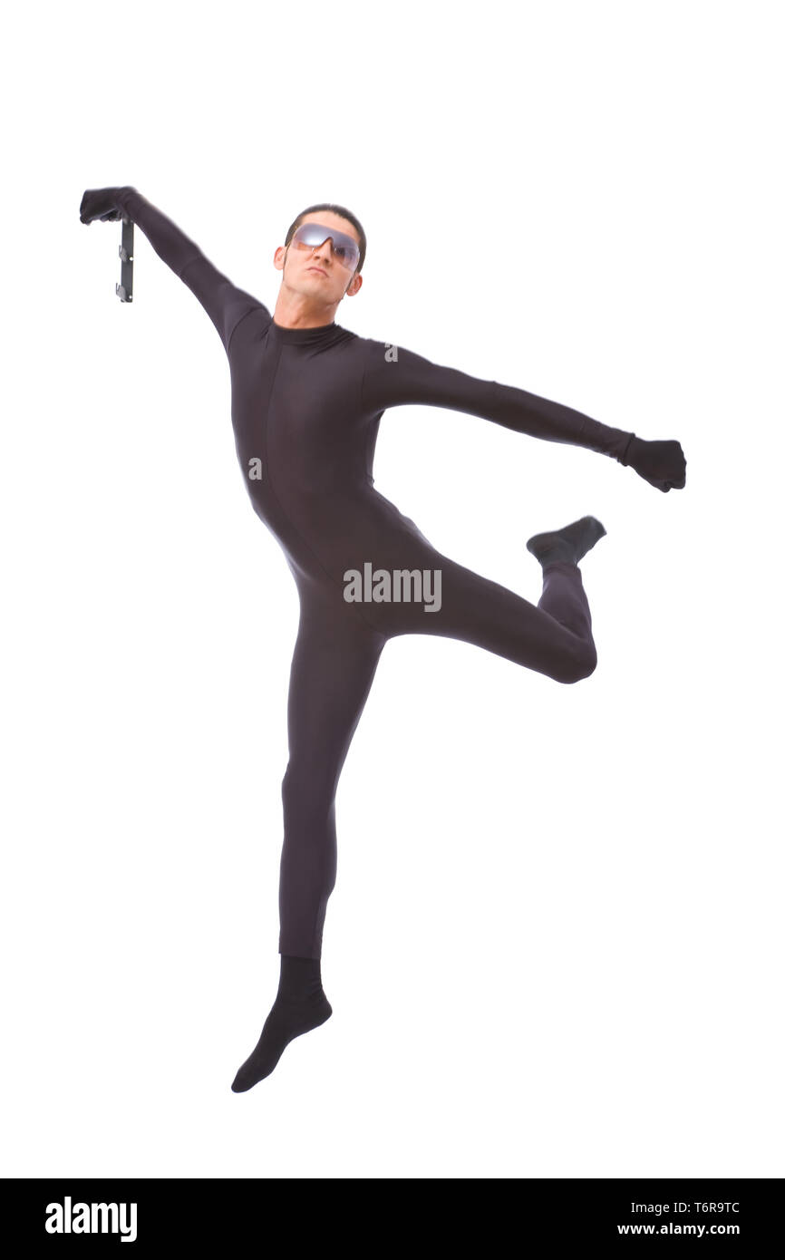 Futuristic runner man dressed up with black and have sunglass Stock ...