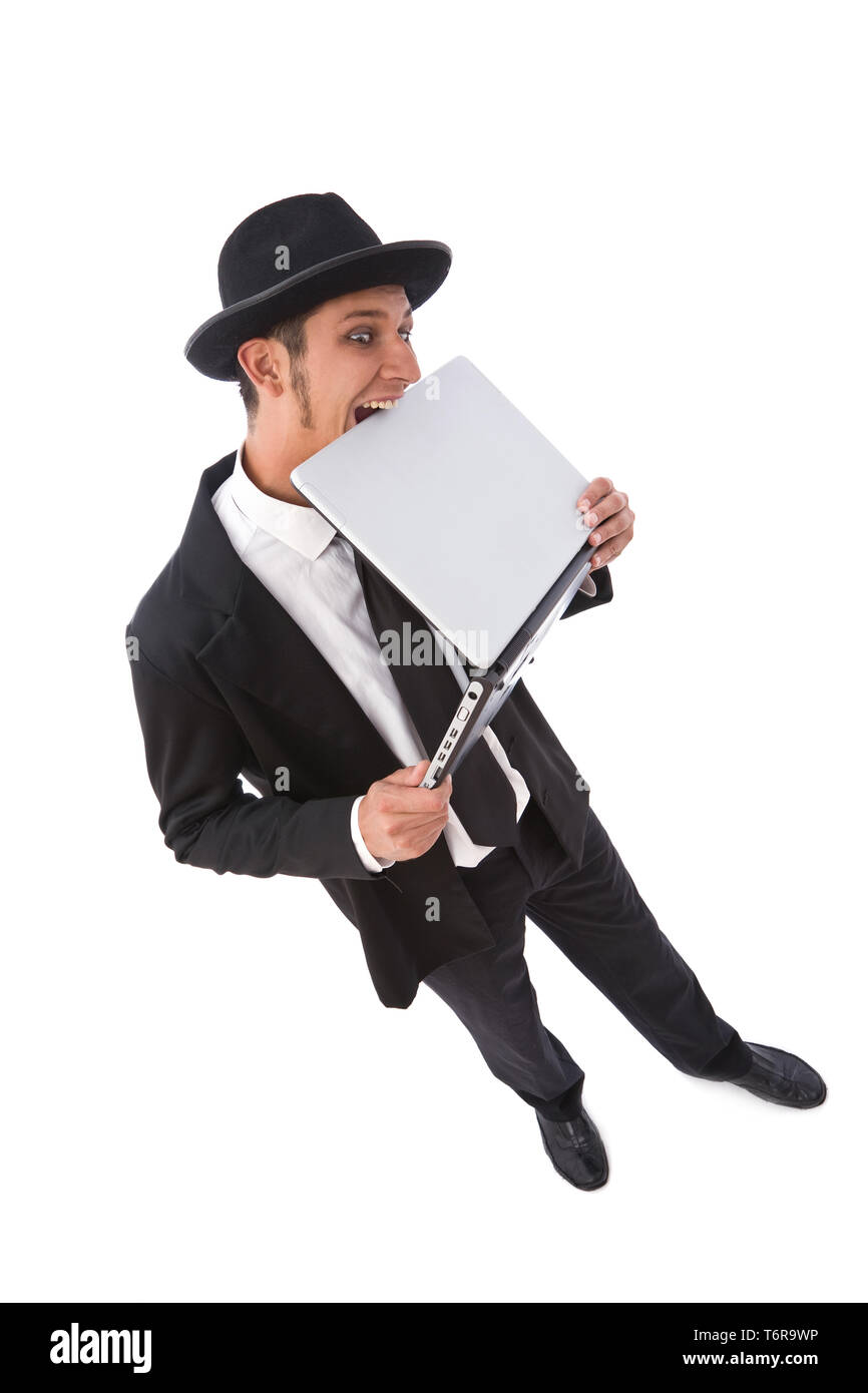 funny looking computer hacker with a laptop on white Stock Photo - Alamy