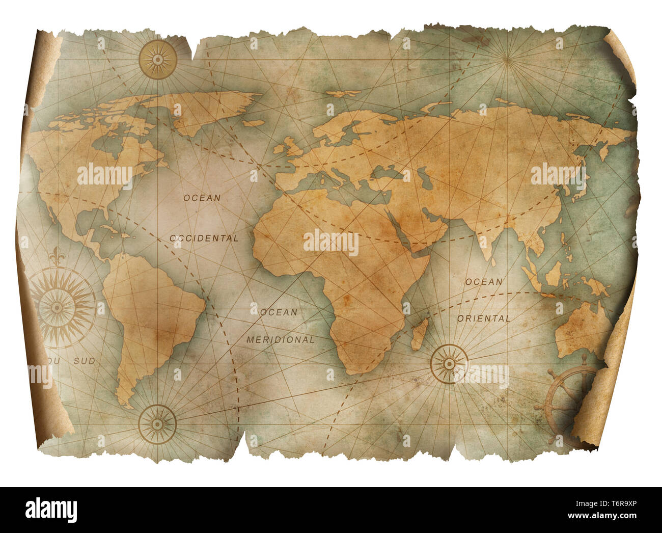 Vintage world map parchment isolated on white Stock Photo - Alamy