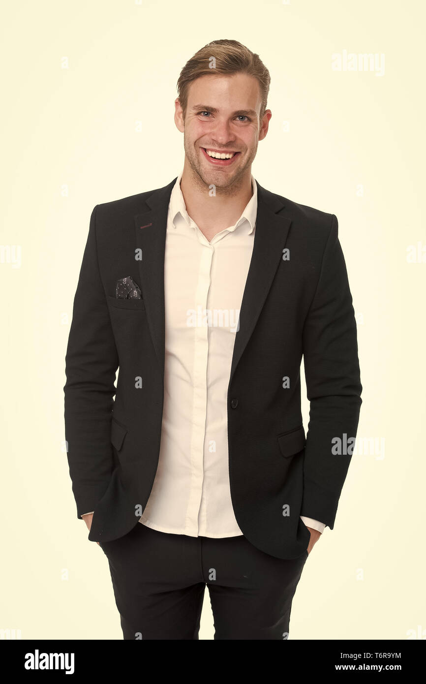 Man happy well groomed in formal suit, isolated white background. Male ...