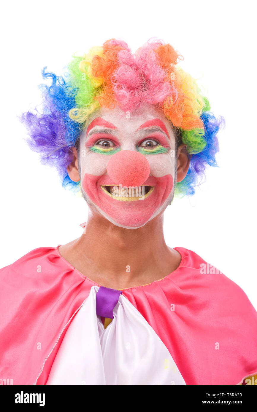 funny looking clorful clown making faces on white background Stock ...
