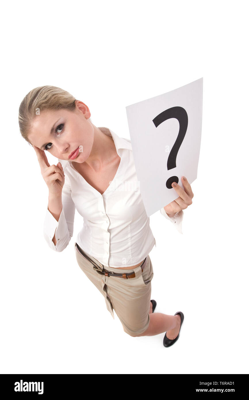 businesswoman with question mark sign on white background Stock Photo ...