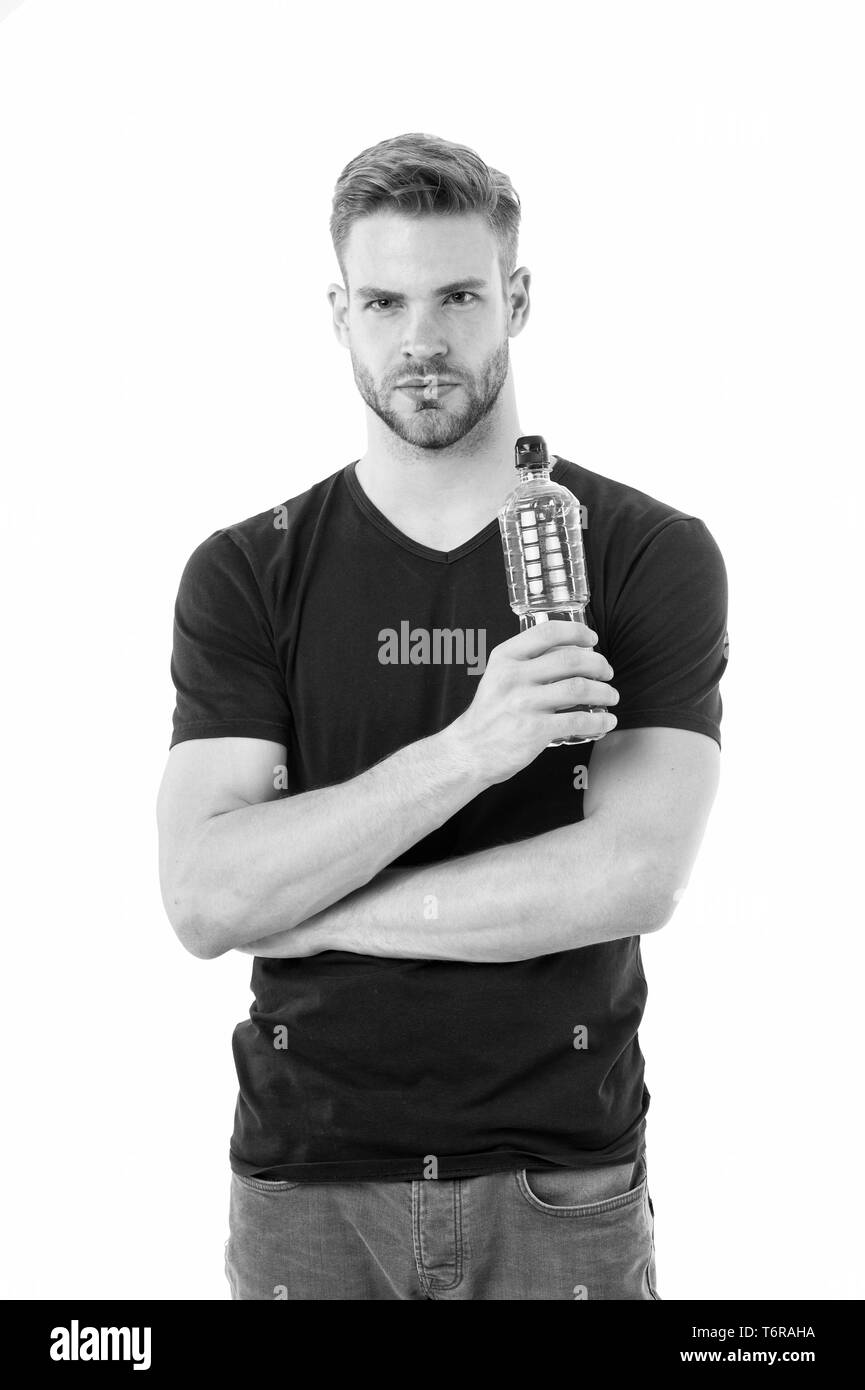 Man care health and water balance. Sportsman care hydration water ...