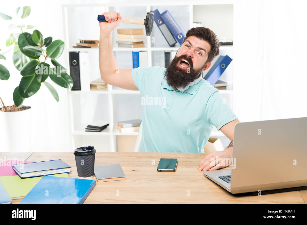 Office life makes him crazy. Businessman with beard and mustache gone ...