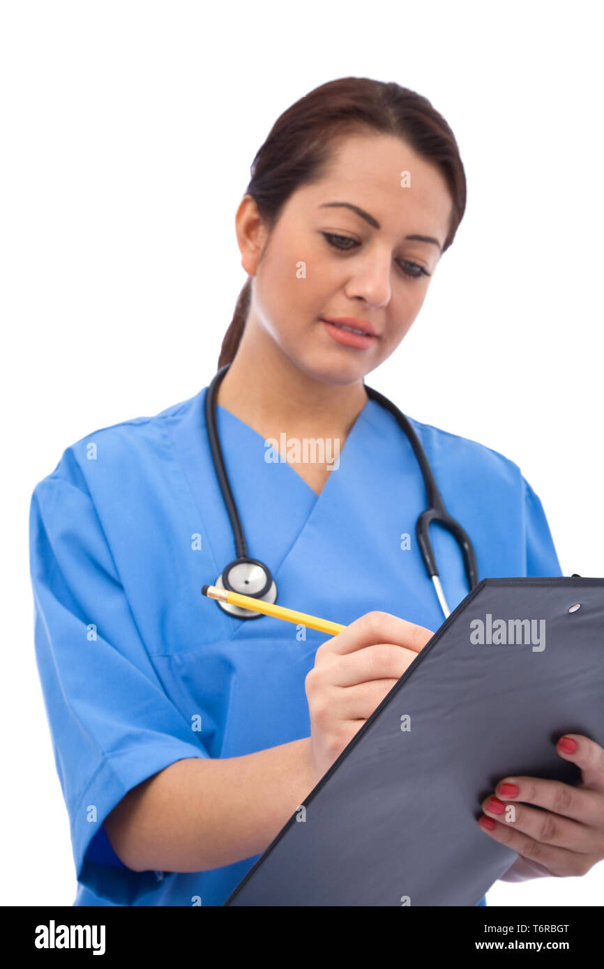 Medical doctor with a medical authorization form on white Stock Photo ...