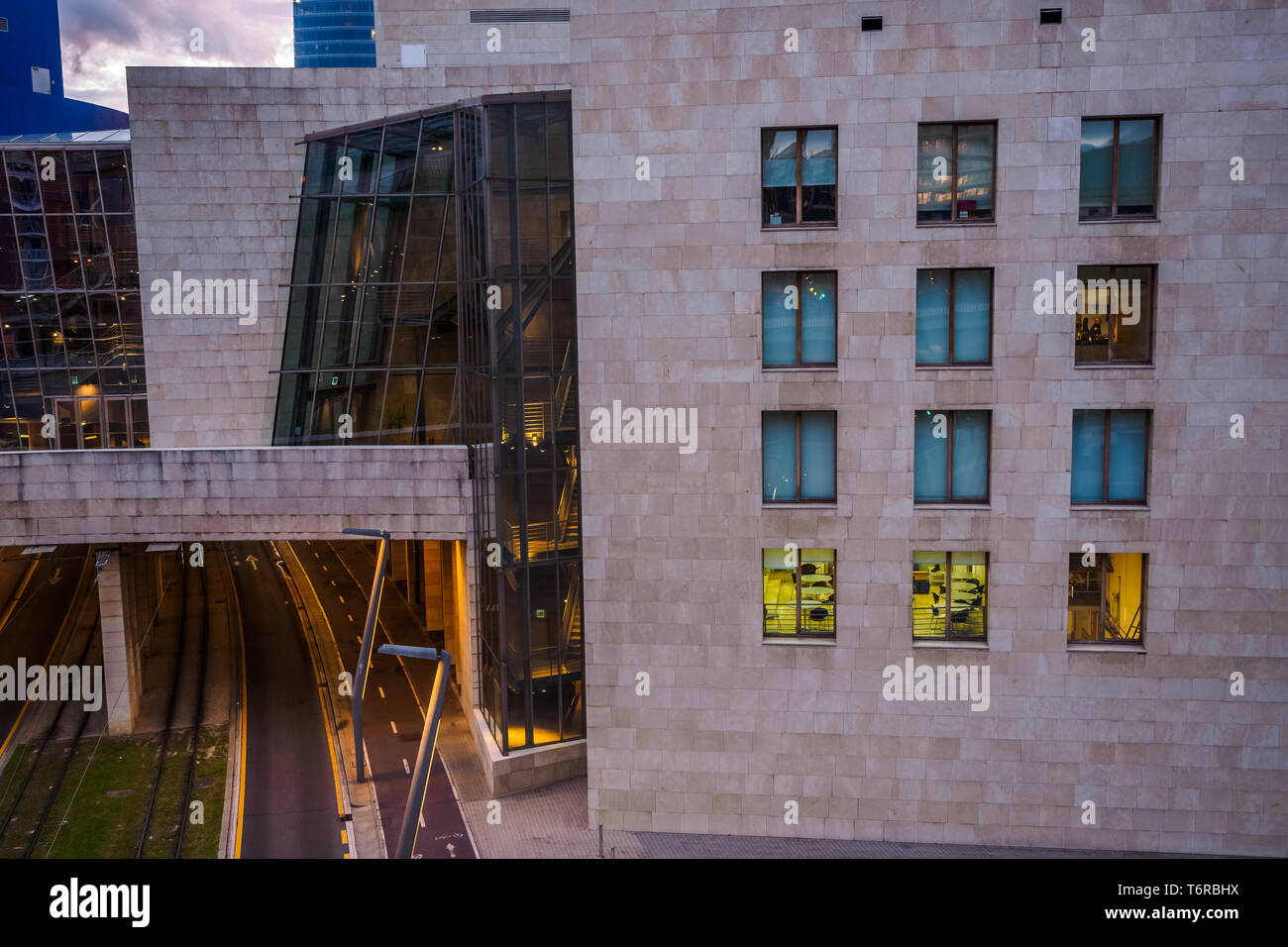 Bilbao Guggenheim Museum during the sunset, view from La salve bridge ...