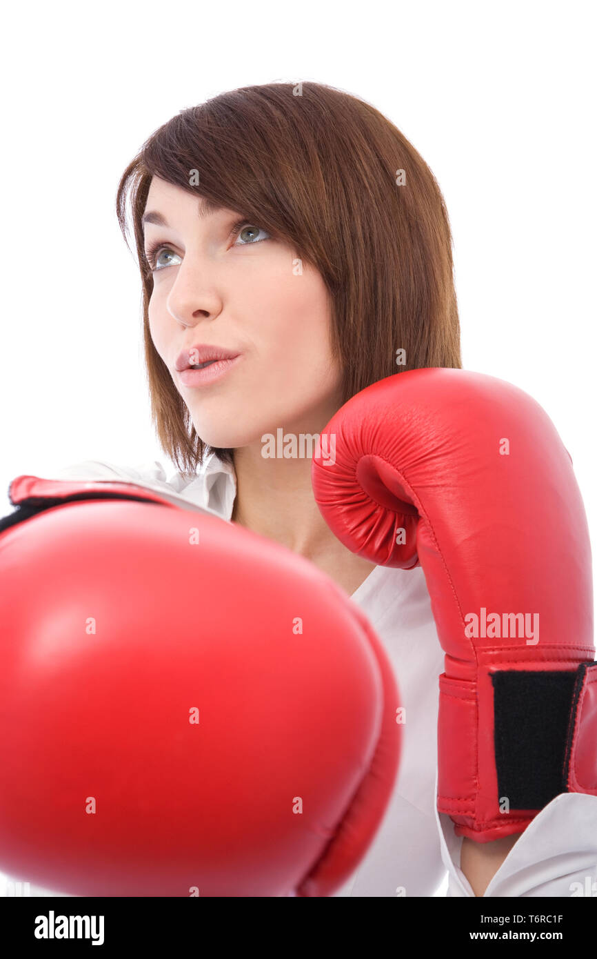 beautiful woman ready for boxing on white Stock Photo - Alamy