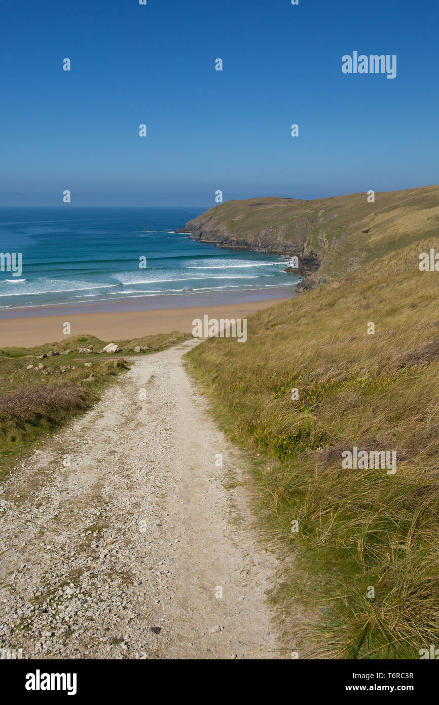 Coast path to Penhale sands beach Perranporth North Cornwall England UK ...