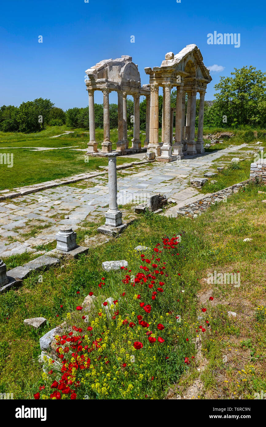 The monumental gateway or tetrapylon.at Aphrodisias Roman remains, UNESCO world heritage site ...