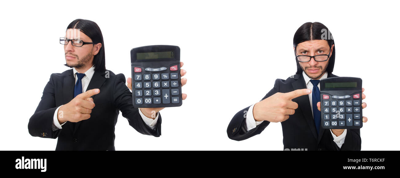 Man with calculator isolated on white Stock Photo - Alamy