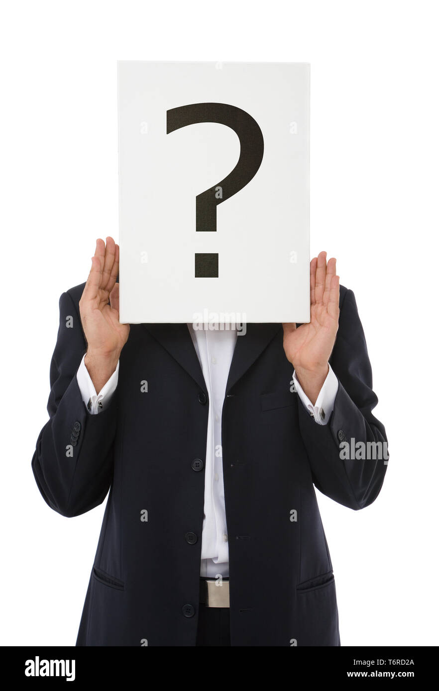 businessman holding a question mark on white background Stock Photo - Alamy