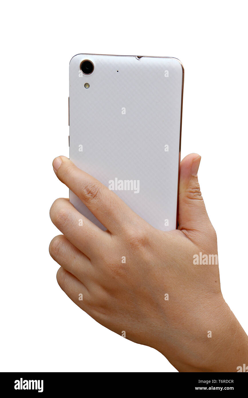 Asian woman hand holding and using smart phone show back side. isolated ...