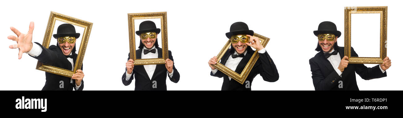 Funny man with picture frame on white Stock Photo - Alamy
