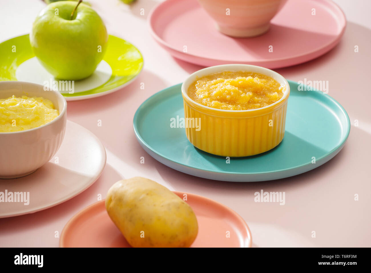Natural baby food concept. Different types of vegetable puree on the ...