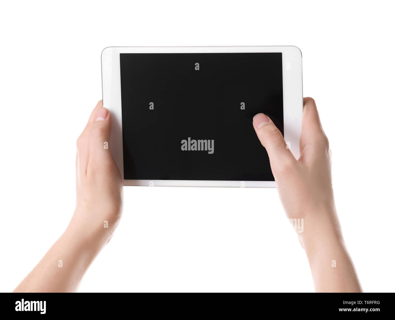 Young woman using touchscreen tablet Cut Out Stock Images & Pictures ...