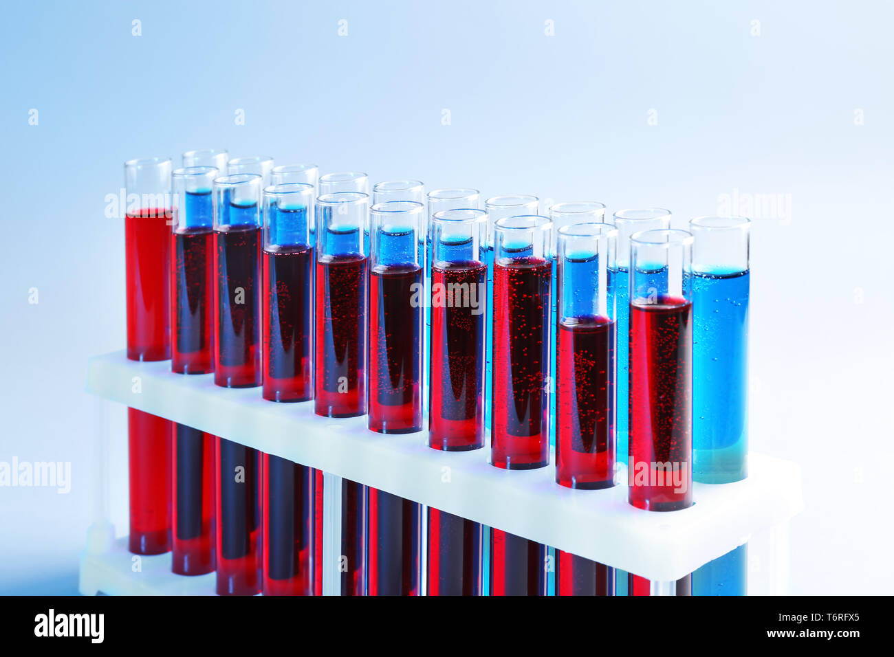 Test tubes with different liquids in holder on color background Stock ...