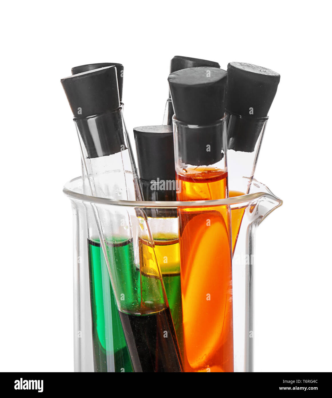 Test tubes with colorful liquids in beaker on white background Stock ...