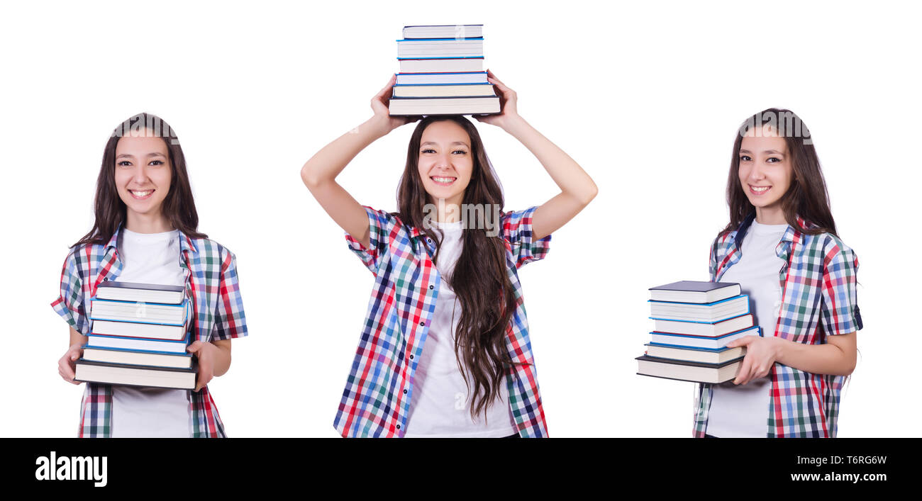 Student girl with many books on white Stock Photo - Alamy