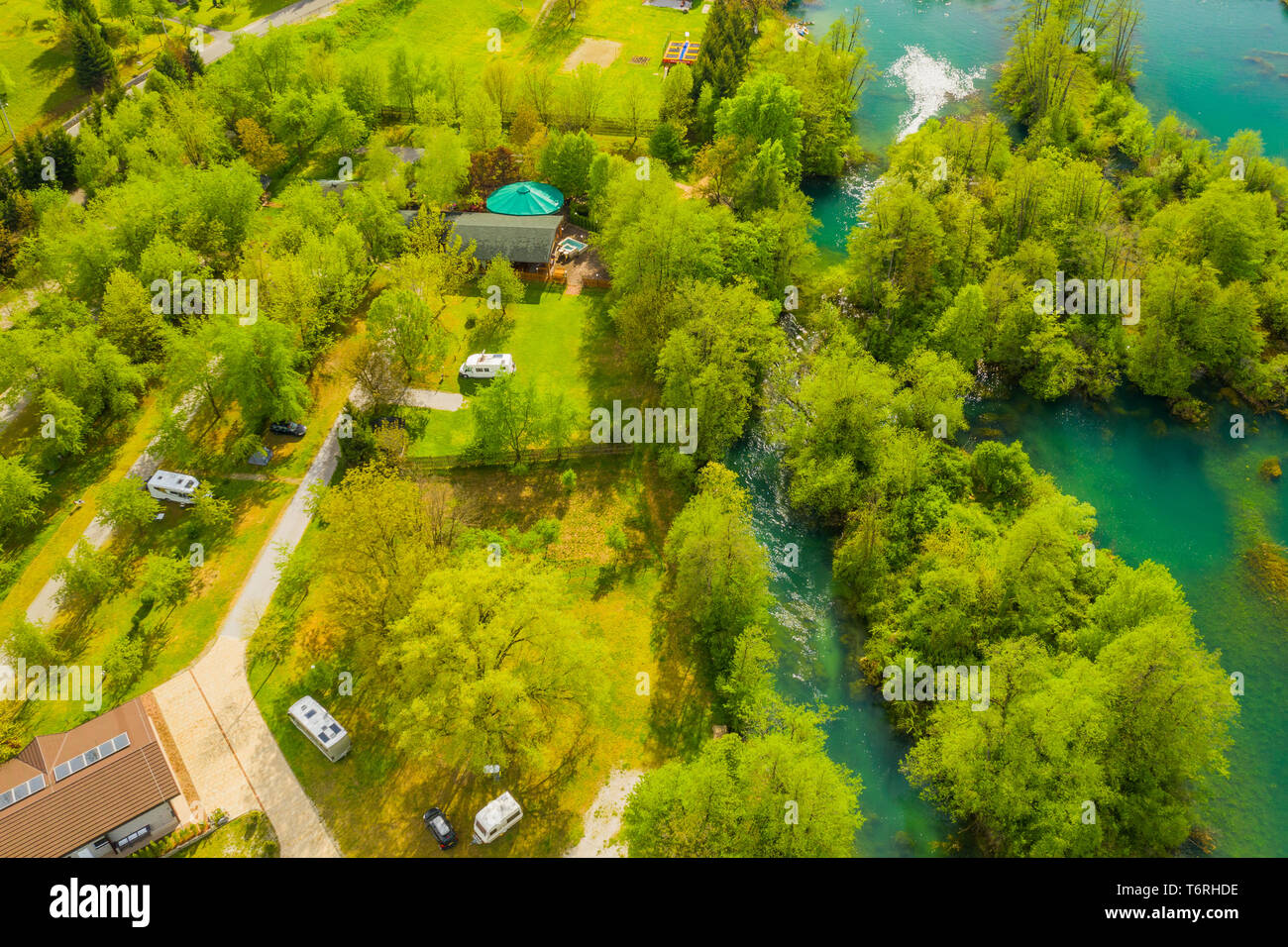 Croatian countryside beautiful green Mreznica river from air, Belavici ...