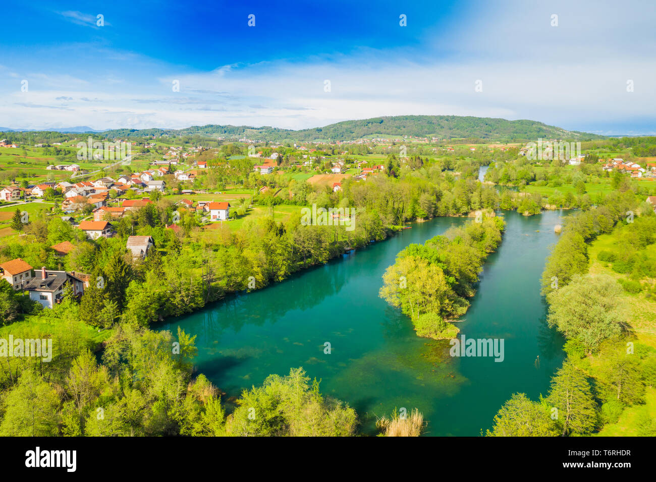 Beautiful rural landscape, Croatian river Mreznica and village of ...