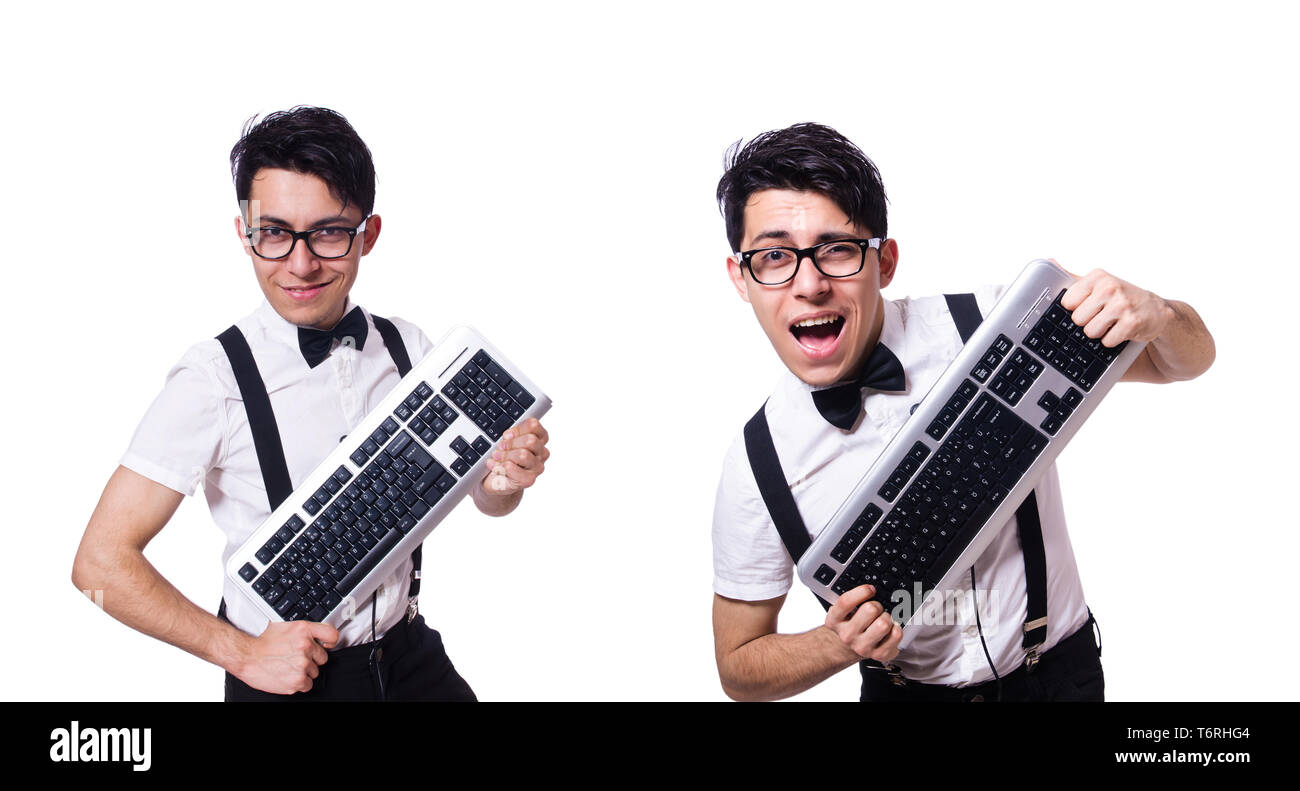 Nerd hacker with computer keyboard on white Stock Photo - Alamy