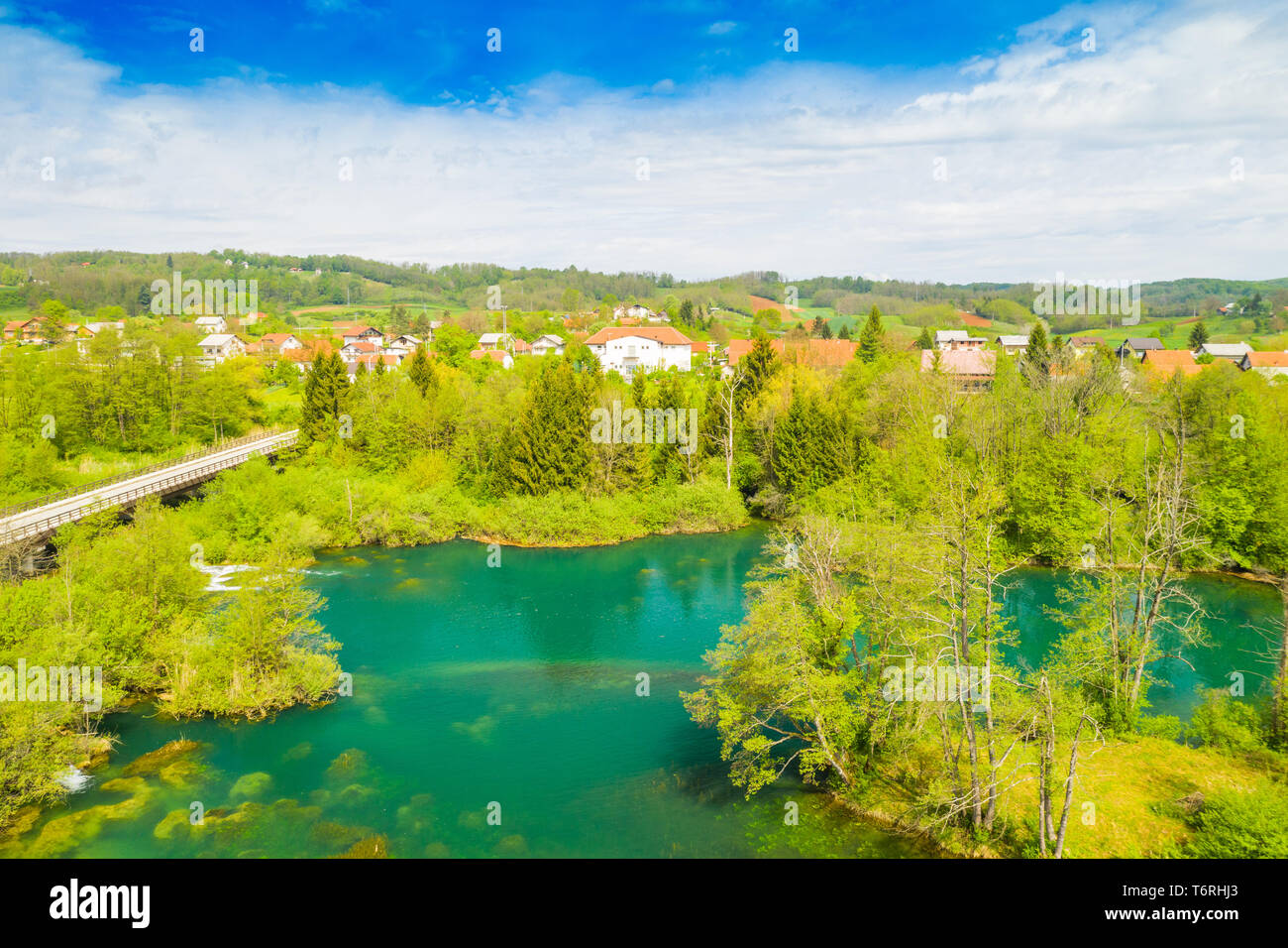 Beautiful rural landscape, Croatian river Mreznica and village of ...